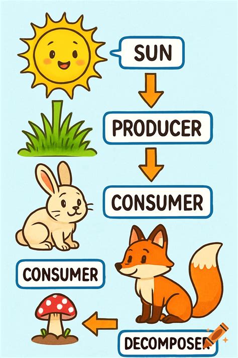 Cartoon Food Web Diagram With Sun Grass Rabbit Fox And Mushroom