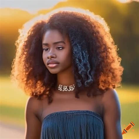 A Photograph Of A Young Beautiful Black Dark Skinned Women With White Coloured Curly Hair