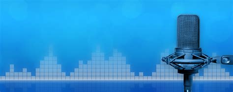 파란색 배경 배너에 파형이 있는 보컬 마이크 팟캐스트 또는 녹음 스튜디오 배경 배너 또는 복사 공간이 있는 웹 사이트 헤더 배경 주제에 대한 스톡 사진 및 기타 이미지