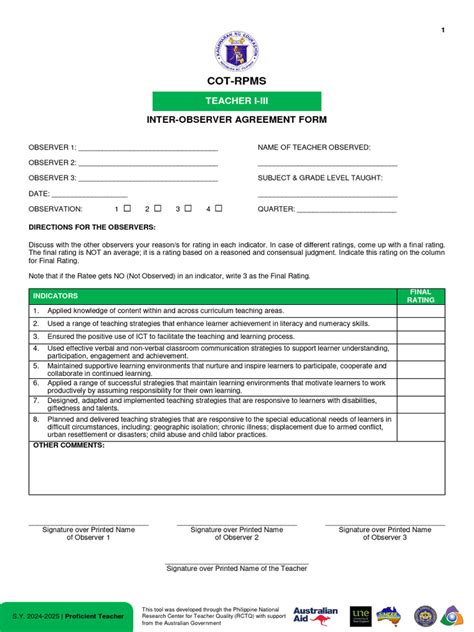 [appendix C 11] Cot Rpms Inter Observer Agreement Form For T I Iii For Sy 2024 2025 Pdf
