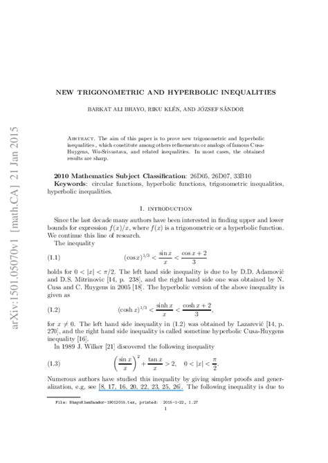 Pdf New Trigonometric And Hyperbolic Inequalities Riku Klén And J