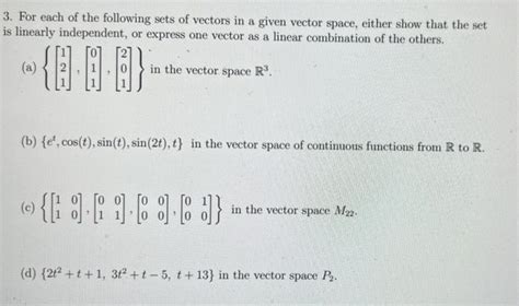 Solved 3 For Each Of The Following Sets Of Vectors In A Chegg Com