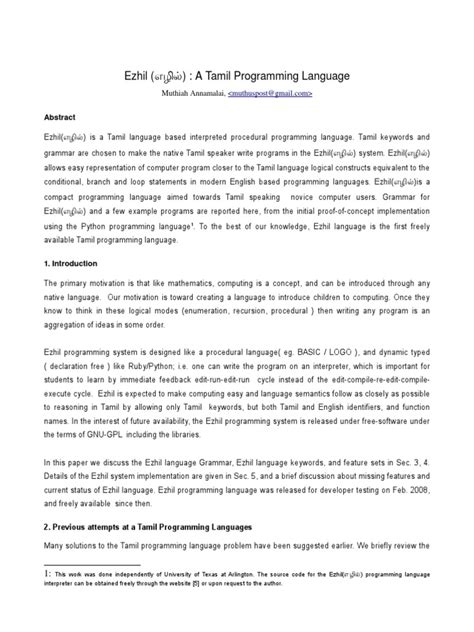 Ezhil எழல A Tamil Programming Language Pdf Programming Language
