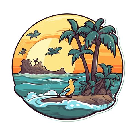 貼紙熱帶島嶼剪貼畫 向量 與卡通熱帶海灘隔離的貼紙設計 貼紙向量圖案素材免費下載，png，eps和ai素材下載 Pngtree