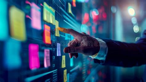 agile software development scrum methodology boards workflow finger touching virtual interface