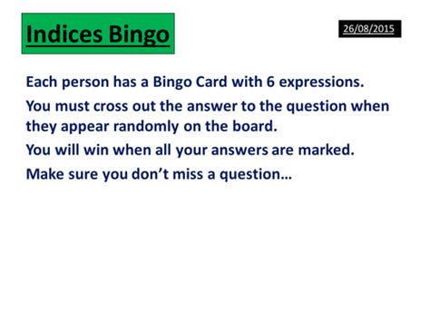 Indices Index Laws Lesson And Bingo Activity Teaching Resources