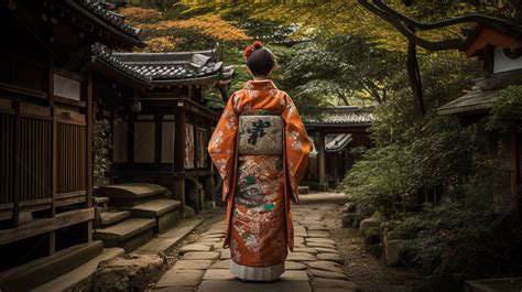 작은 지역의 길을 걷고 있는 여성이 기모노를 입는다 아래에 배경 걷는 여자 배경 길 배경 이미지 Hd 아래에 걷는 여자