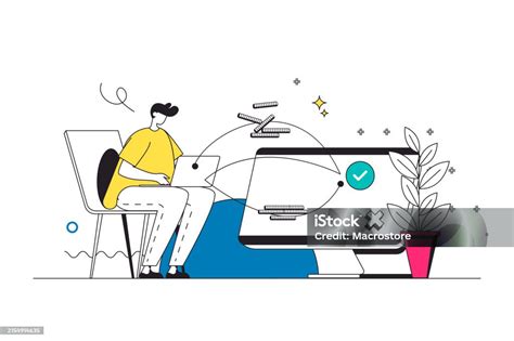 현대 플랫 라인 디자인의 가상 금융 개요 웹 개념 금융 계좌를 관리하고 송금 또는 온라인 거래를 하고 통화를 교환하고 송장을 지불하는 사람 벡터 일러스트 레이 션 개념에