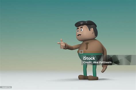 갈색 긴 셔츠 녹색 바지를 입은 콧수염을 가진 남자 그는 말할 때 몸과 손의 표현입니다 연기에서 만화 캐릭터의 3d 렌더링 3차원 형태에 대한 스톡 사진 및 기타 이미지