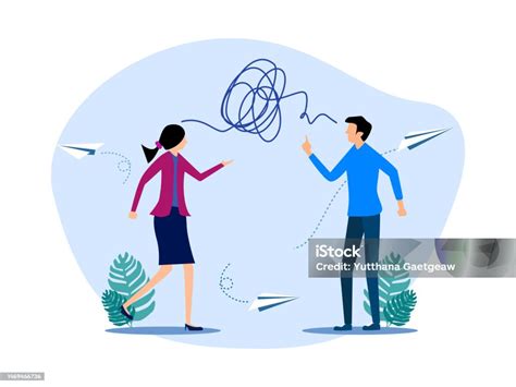 의사 소통의 개념 오해는 직장에서 혼란을 야기합니다 메시지와 정보를 전달하는 것이 명확하지 않습니다 서로를 이해하는 데 어려움을 겪는 사업가와 여자 감독에 대한 스톡 벡터