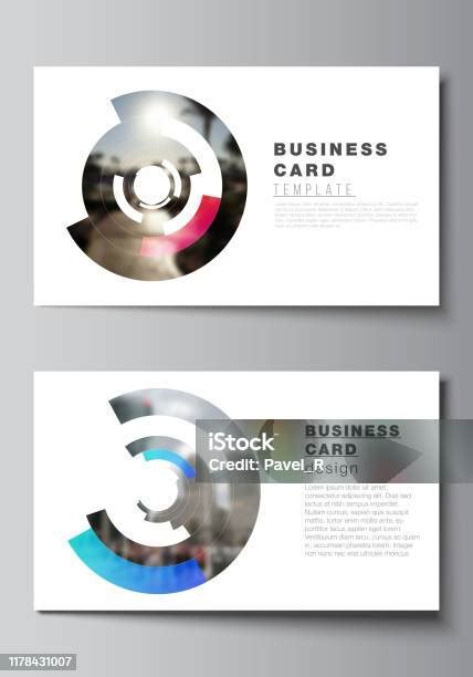 두 개의 창조적 인 명함 디자인 템플릿의 편집 가능한 레이아웃의 최소 추상 벡터 그림 미래 지향적 인 디자인 원형 패턴 사진기하학적 프레임을 형성하는 원 요소 0명에 대한
