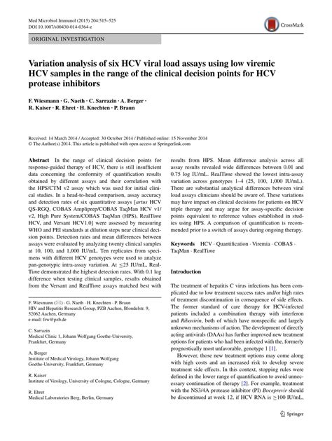 Pdf Variation Analysis Of Six Hcv Viral Load Assays Using Low Viremic Hcv Samples In The Range