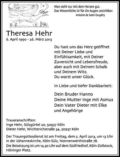 Traueranzeigen Von Theresa Hehr Rz Trauerde