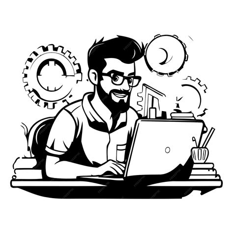 Premium Vector Hipster Man Working At The Computer Vector Illustration In Cartoon Style