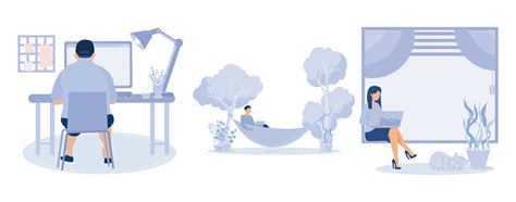 집에서 일하고 코워킹 스페이스 컨셉 일러스트레이션 젊은이들 남녀 프리랜서들은 집에서 노트북과 컴퓨터로 작업합니다 격리 된 집에있는 사람들 평면 벡터 현대 그림 설정 격리에