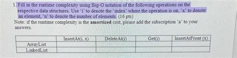 Solved 1 Fill In The Runtime Complexity Using Big O