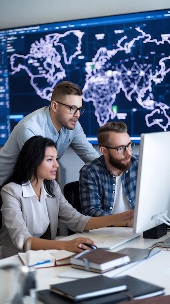 Male And Female Data Analysts Discussing New Locations For Business In Front Of Big Digital