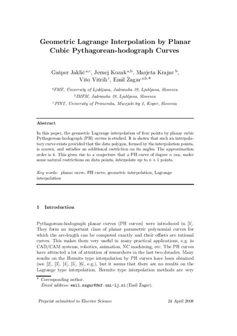 Pdf Geometric Lagrange Interpolation By Planar Cubic Pythagorean