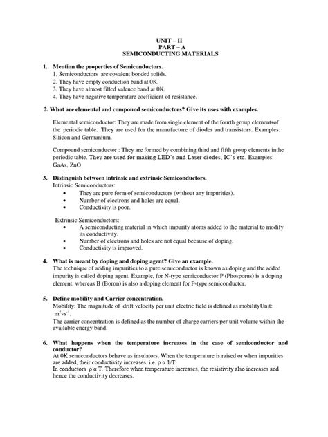 Unit Ii Semiconductor Physics Part A 1 Pdf Semiconductors Doping Semiconductor