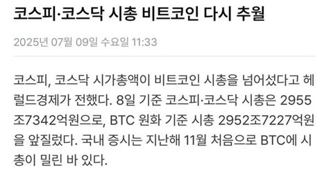 코스피 코스닥 시총 비트코인 추월 코인니스