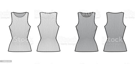 리브드 코튼 저지 탱크 테크니컬 패션 일러스트와 슬림핏 길쭉한 밑단 크루 네크라인 플랫 아웃웨어 탑 0명에 대한 스톡 벡터 아트