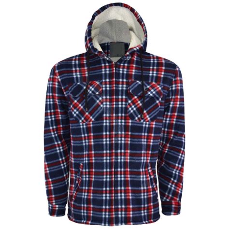 Mens Hooded Fleece Padded Lumberjack Shirt Jacket Fur Lined Sherpa Warm