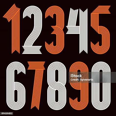 멋진 세련 된 벡터 자리 현대 숫자 컬렉션의 집합입니다 포스터 아트에서 펑키 압축 된 굵은 숫자 0에서 9 사용할 수 있습니다 기하학적 줄무늬를 사용 하 여 만들었습니다 0