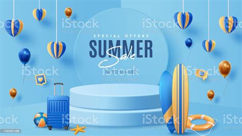 해변 장식품이있는 여름 전시 연단 장식 배경 벡터 3d 일러스트 레이 션 0명에 대한 스톡 벡터 아트 및 기타 이미지 0명 3차원 형태 강단 Istock