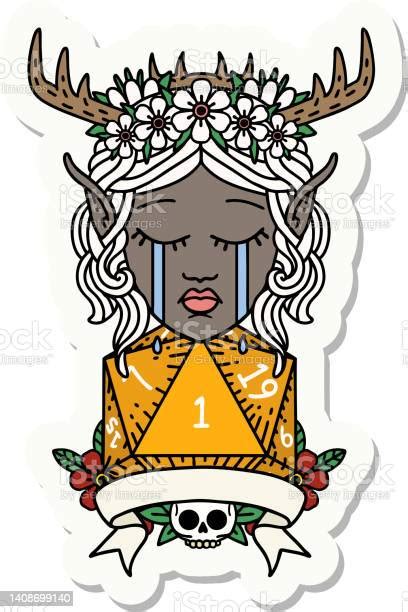 슬픈 엘프 드루이드 캐릭터 얼굴 자연 하나의 D20 롤 스티커 굴리기에 대한 스톡 벡터 아트 및 기타 이미지 굴리기 꼬마