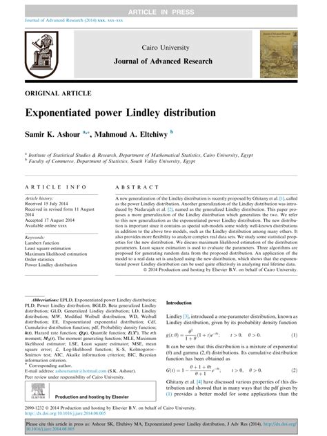 Pdf Exponentiated Power Lindley Distribution