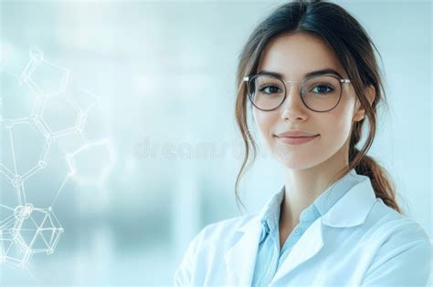 Confident Young Woman In A Lab Coat Demonstrates Her Science Expertise