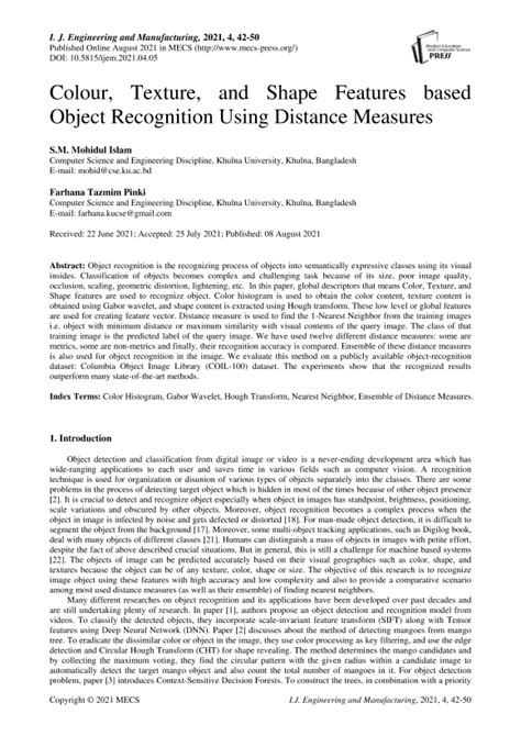 Colour Texture And Shape Features Based Object Recognition Using Distance Measures Ijem