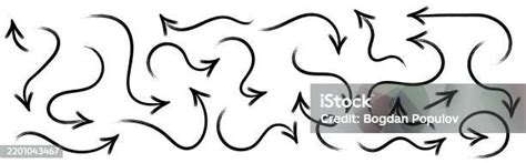 화살표 아이콘 컬렉션입니다 그런지 질감의 손으로 그린 화살표 곡선 방향 선 화살표 버튼 흰색 배경에 격리되어 있습니다 벡터 일러스트 레이 션 개체 그룹에 대한 스톡 벡터