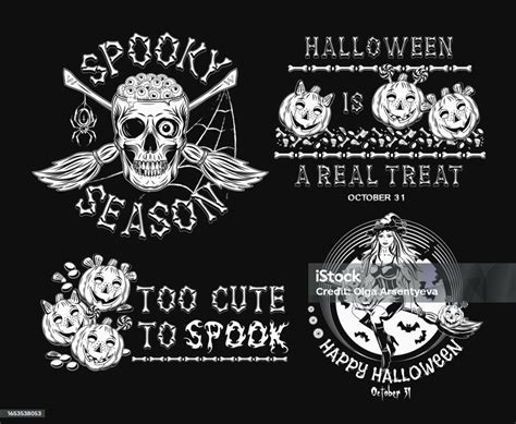 행복한 아이들 전통 사탕 눈알이 있는 해골 빗자루에 아름다운 마녀와 같은 호박 머리가 있는 할로윈 라벨 세트 뼈로 만든 텍스트