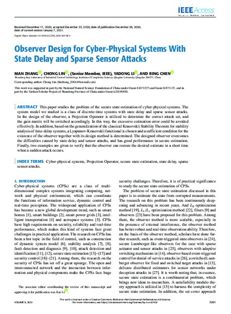 Pdf Observer Design For Cyber Physical Systems With State Delay And