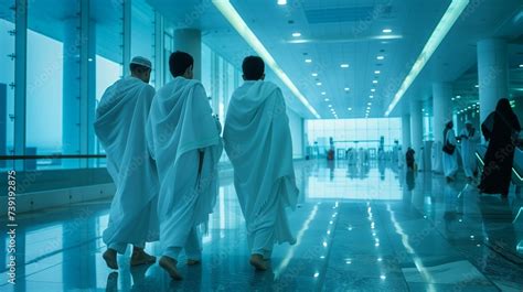 Group Of Young Muslim Man With Traditional Clothes Walking Airport Hall