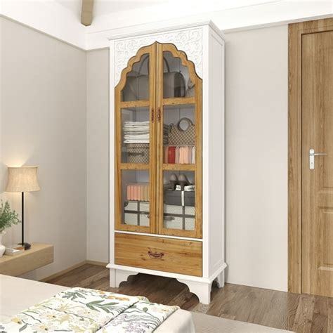 Wiawg Carved Storage Cabinet With 2 Glass Doors And Drawer Pooja Mandir