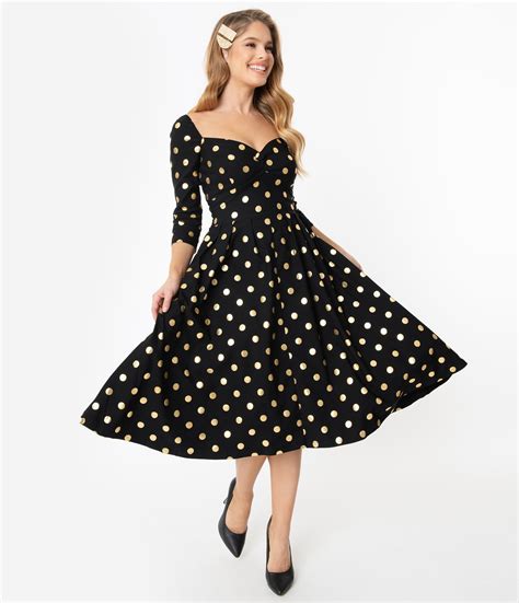 Vintage Inspired Black Polka Dot Swing Dress Gold Swing Dress Polka