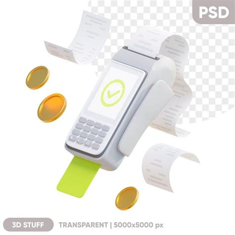 투명한 배경 3d 그림에 은행 카드와 금화가 있는 휴대용 뱅킹 터미널 무선 터미널을 통한 은행 카드 결제 프리미엄 Psd