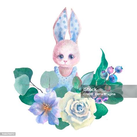 손으로 그린 수채화 그림 푸른 색조의 열매 나뭇잎 꽃의 꽃꽂이를 가진 귀여운 토끼 소년 흰색으로 분리된 그림 0명에 대한 스톡 벡터 아트 및 기타 이미지 Istock