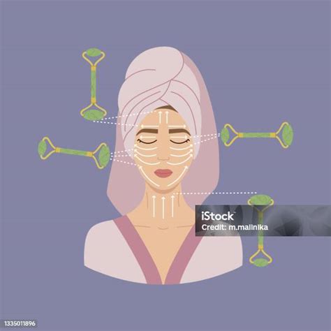 얼굴 마사지 방향 인포그래픽 녹색 옥 얼굴 롤러머리에 수건에 눈을 감고 젊은 백인 여성의 초상화 과샤 마사지 손으로 그린 벡터 일러스트를 수행하는 방법 마사지에 대한 스톡