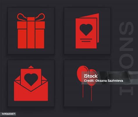 리본이 달린 풍선 선물 상자 하트가 있는 발렌타인 데이 파티 전단지 발렌타인 하트 아이콘이 있는 봉투를 설정합니다 벡터 개념에 대한 스톡 벡터 아트 및 기타 이미지 Istock