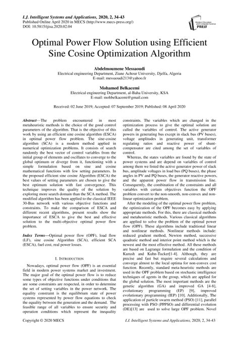 Optimal Power Flow Solution Using Efficient Sine Cosine Optimization Algorithm Ijisa