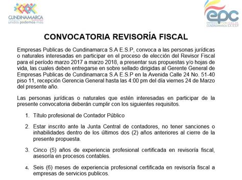 Convocatoria Revisor Fiscal Epc Empresas Públicas De Cundinamarca S