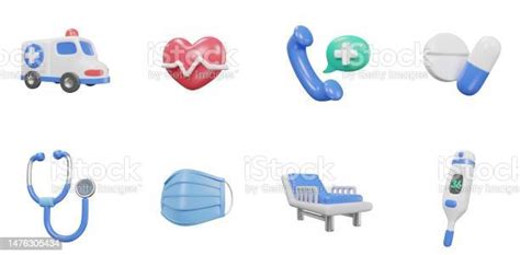 3d 의료 아이콘 세트 구급차 심장 박동 알약 온도계 병원 침대 얼굴 마스크 청진기 응급 처치 약국 의료 Ux Ui 웹 디자인 요소 3d 렌더링 그림 Dna에 대한 스톡