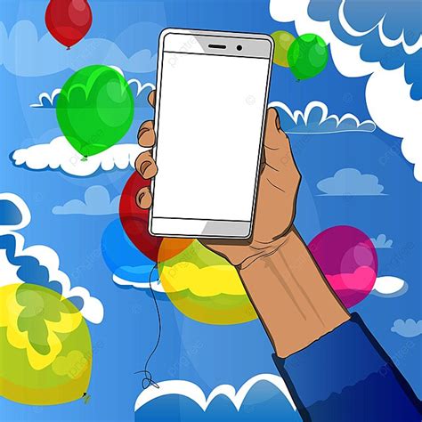 배경에 구름과 풍선이 있는 흰색 화면이 있는 흰색 핸드폰을 들고 있는 손 통신 인터넷 디지털 배경 일러스트 및 사진 무료 다운로드 Pngtree