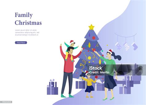 방문 페이지 템플릿 인사말 카드 겨울 휴일 메리 크리스마스와 새해 복 야 웹 사이트 인테리어의 배경에 크리스마스 트리를 장식 하는 선물과 사람들 문자 가족 Html에 대한