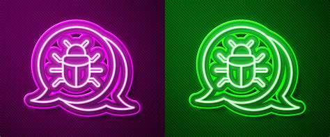 보라색과 녹색 배경에 격리 빛나는 네온 라인 시스템 버그 개념 아이콘 코드 버그 개념입니다 시스템의 버그입니다 버그 검색 벡터 개념에 대한 스톡 벡터 아트 및 기타 이미지