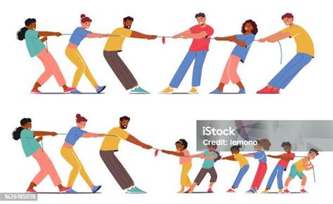 어린이와 성인 캐릭터 팀은 줄다리기에서 밧줄의 반대쪽 끝을 당겨 힘을 테스트하여 경쟁합니다 가족에 대한 스톡 벡터 아트 및 기타
