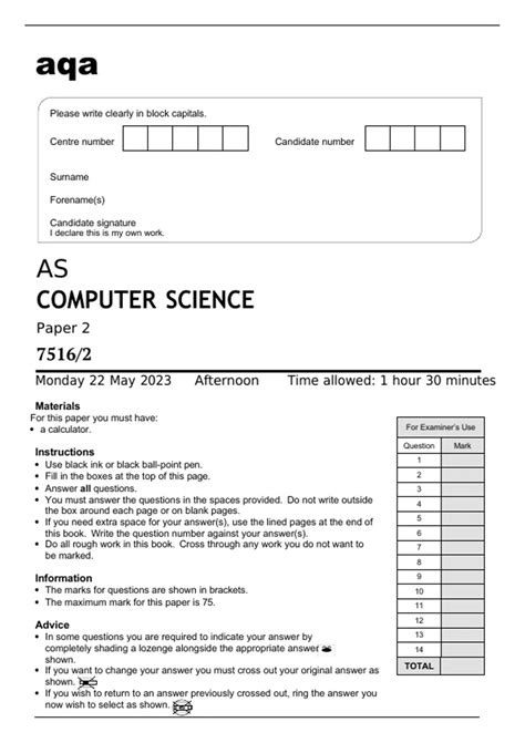 Aqa As Computer Science Paper 2 7516 2 May 2023 Question Paper As Computer Science Stuvia Us